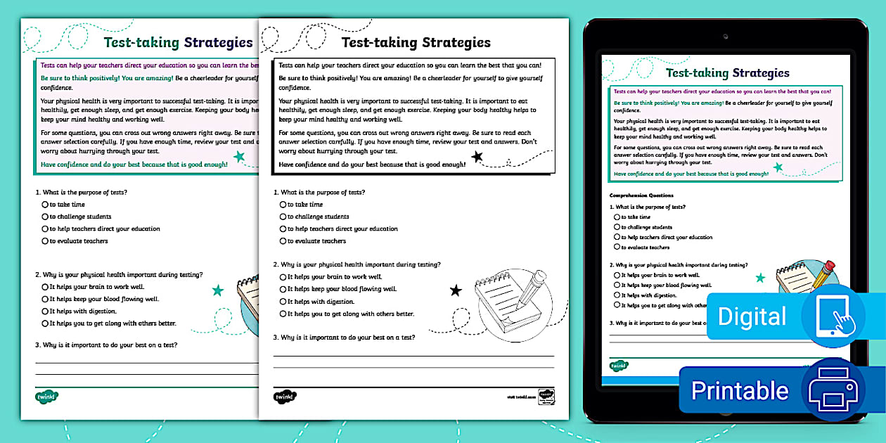 Third Grade Test-taking Strategies Reading Comprehension Passage Activity