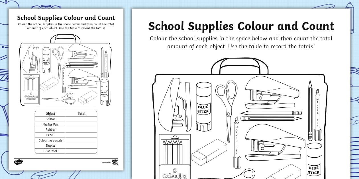 School Supplies Colour and Count Worksheet (teacher made)