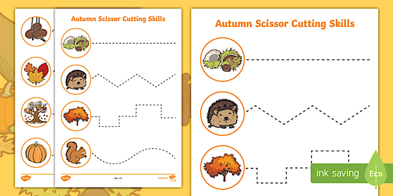 Editable Autumn Themed Cutting Skills Worksheet - Twinkl