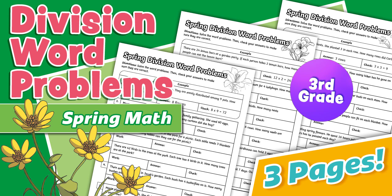 Third Grade Spring Division Word Problems Worksheets