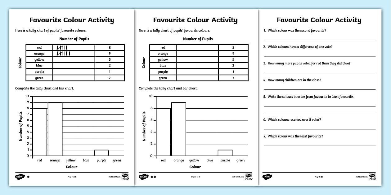 Favourite Colour Tally Chart and Bar Charts Worksheets