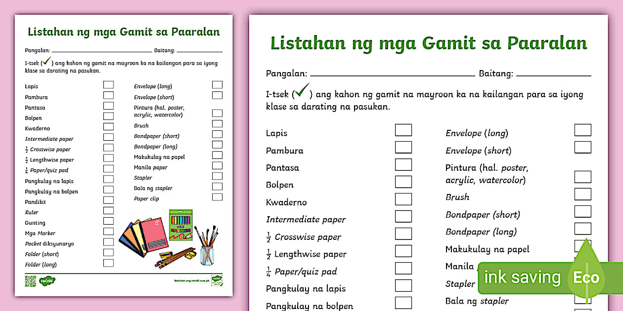 Listahan ng mga Gamit sa Paaralan | Grade 1-3 | Twinkl PH