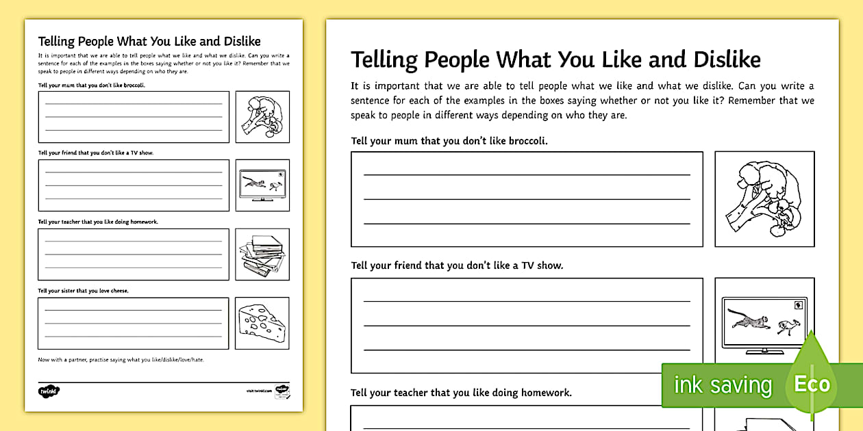Likes and Dislikes in Different Contexts Worksheet / Worksheet