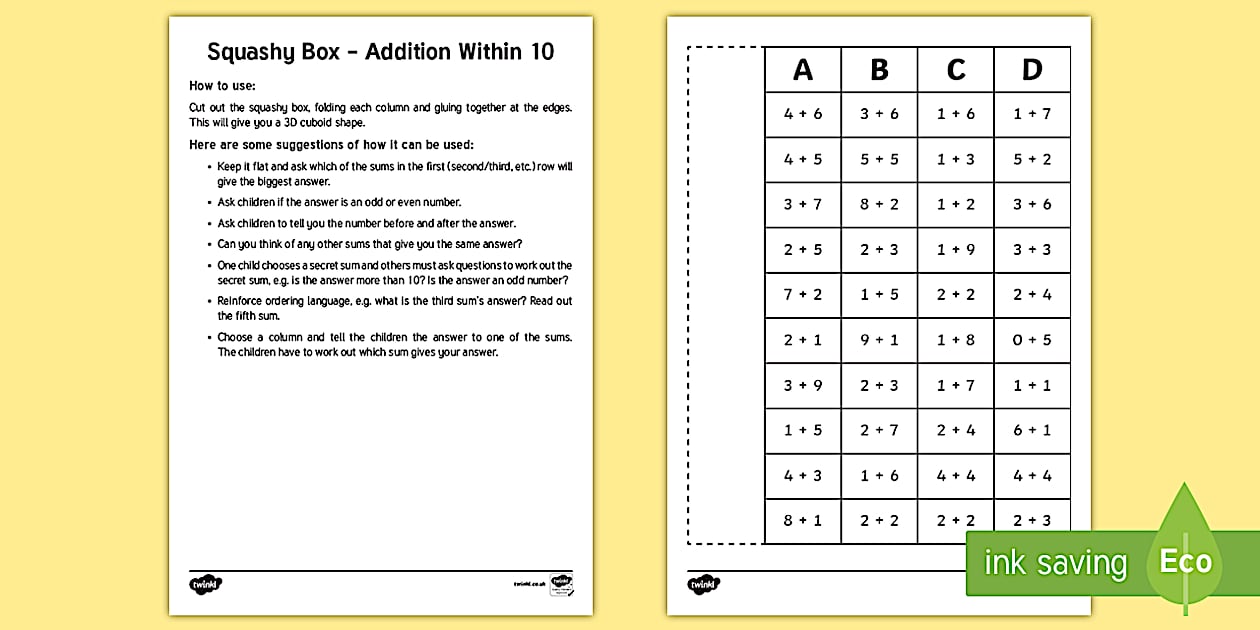 Editable Squashy Box - Addition Within 10 (teacher made)