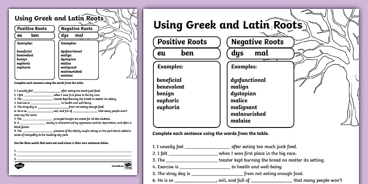 Seventh Grade Using Greek and Latin Roots Worksheet