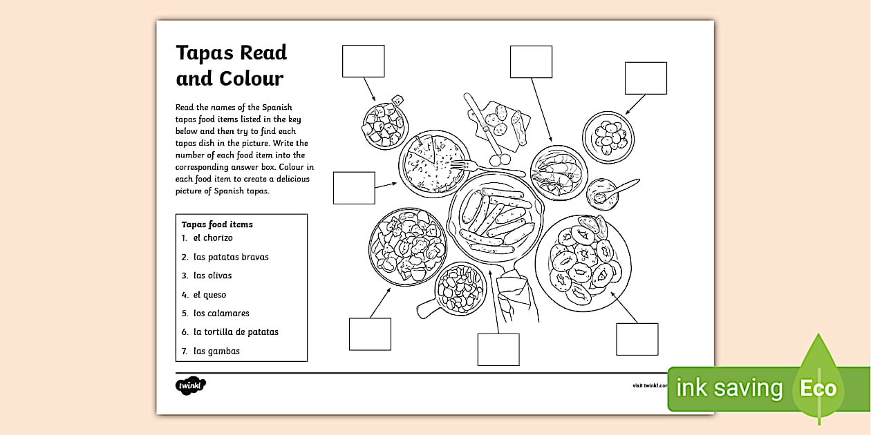 👉 Spanish Tapas Read and Colour Activity - KS2- Twinkl