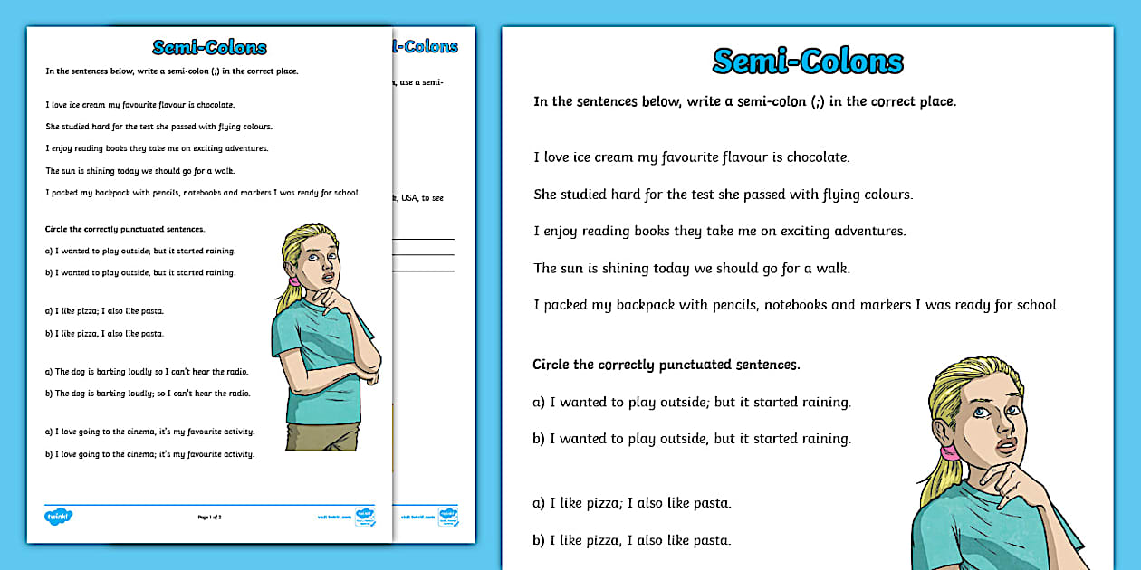 Semi-Colon Examples Worksheet (teacher made) - Twinkl