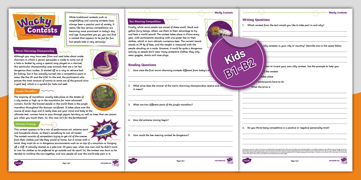 ESL Wacky Contësts Reading Comprehension [Kids, B1-B2]