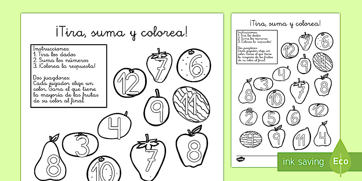 La fruta Ficha de tirar el dado y colorear