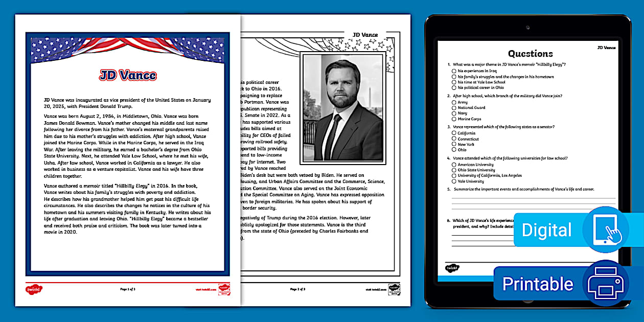 JD Vance Reading Comprehension Activity | Twinkl USA