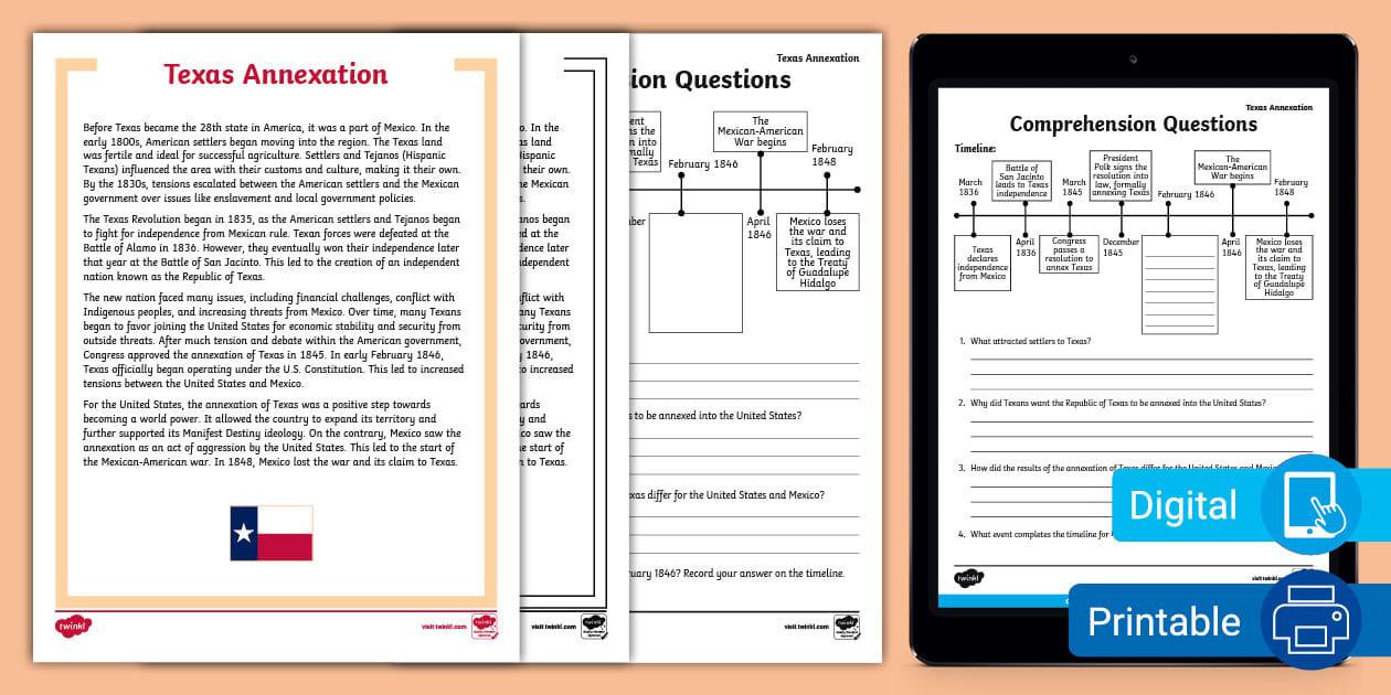 Annexation of Texas 1845 Answer Key | ELA | Twinkl USA