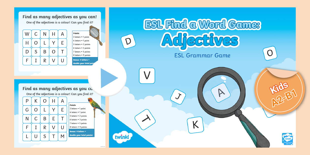 ESL Find a Word Game: Adjectives [Kids, A2-B1] - Twinkl