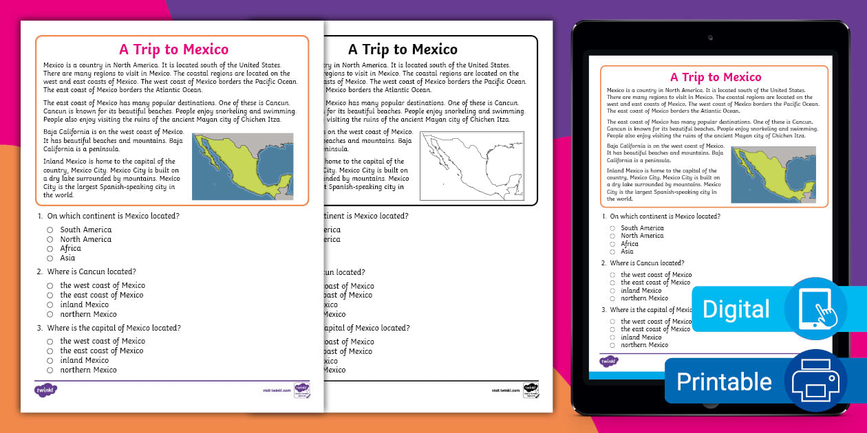 Third Grade A Trip to Mexico Reading Passage Comprehension