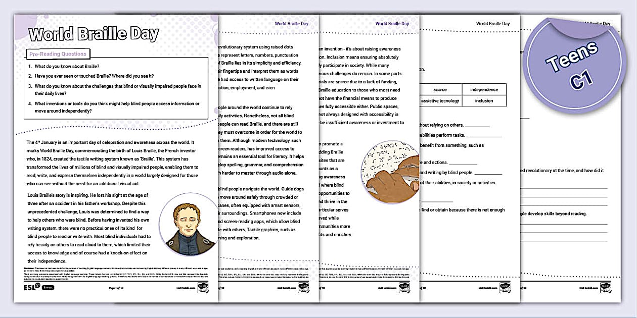 World Braille Day ESL Reading Comprehension for Teens