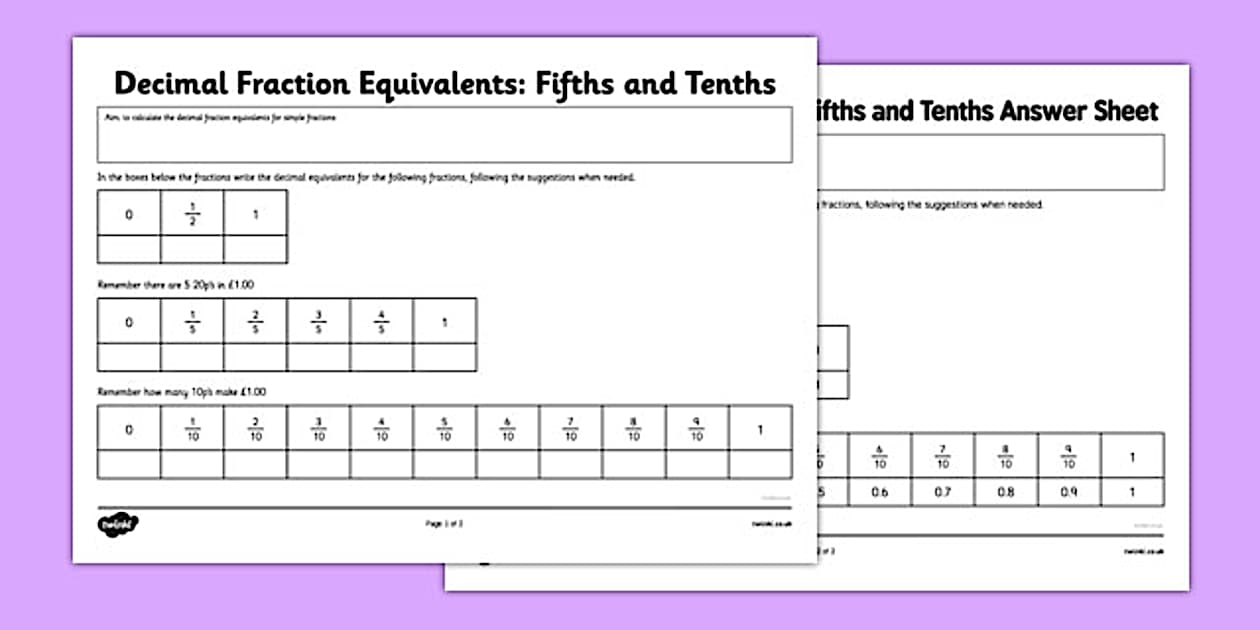 Grade 6 Decimal Equivalents Fifths and Tenths Worksheet / Worksheet