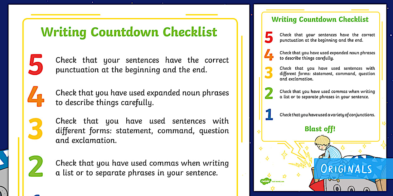 Editable Year 2 Space-Themed Writing Countdown Checklist