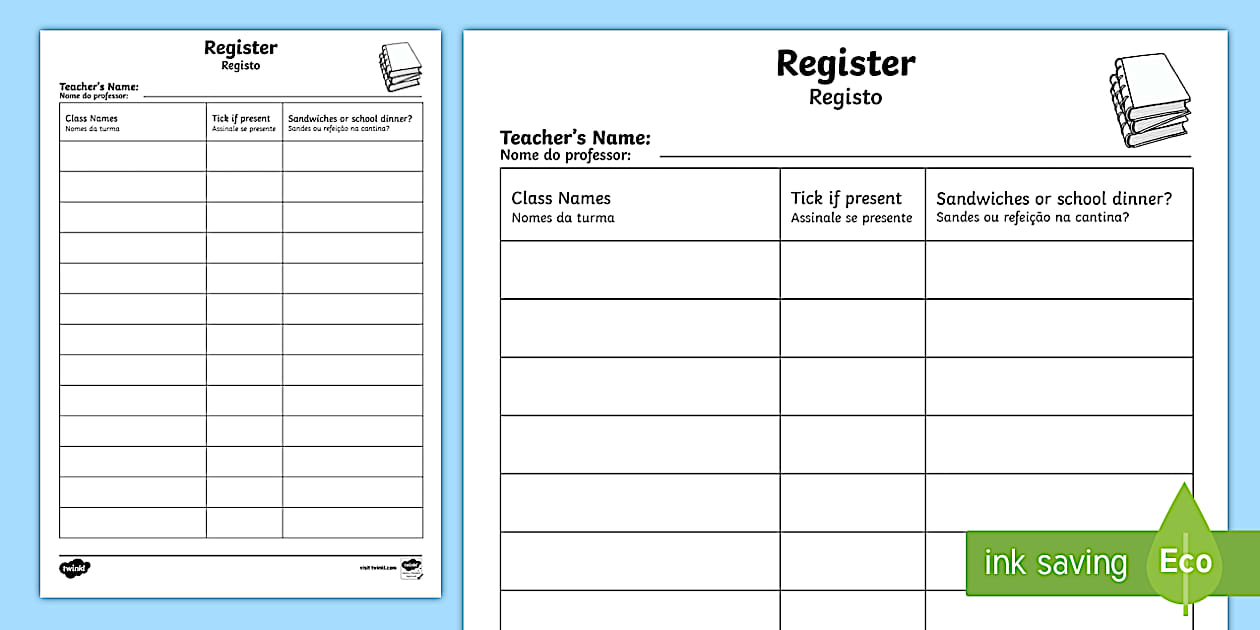 School Role Play Register English/Portuguese - School Role Play Register