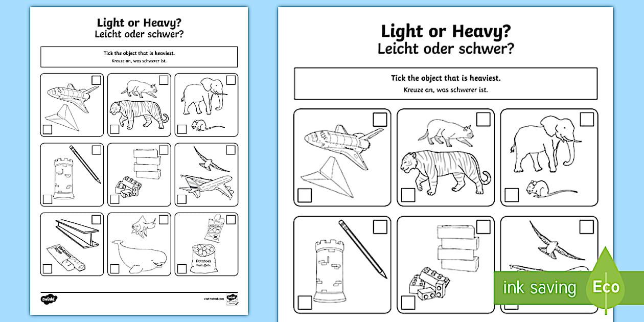 Heavy or Light Worksheet / Worksheet English/German - Twinkl
