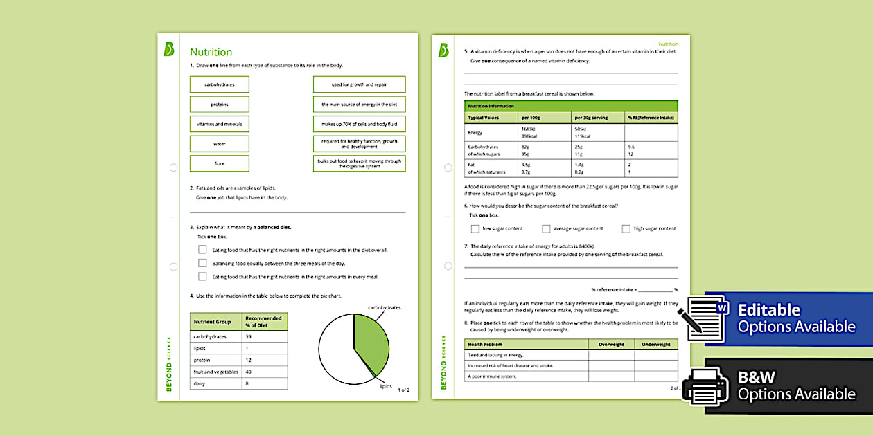 KS3 Nutrition Worksheets | Science Homework | Beyond Science