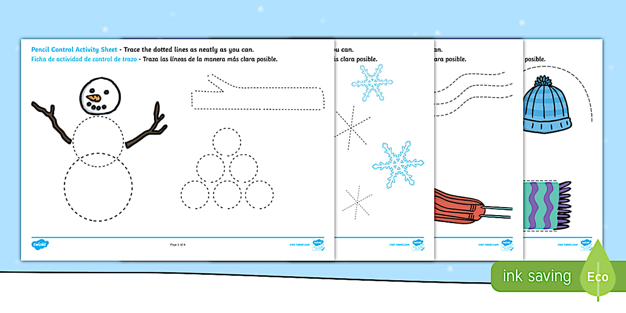 Winter Pencil Control Worksheet / Worksheets - English / Spanish - Winter
