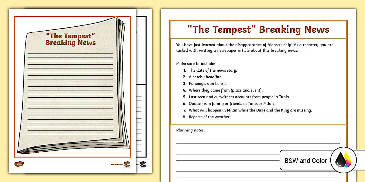 Fourth Grade The Tempest by William Shakespeare Breaking News Writing