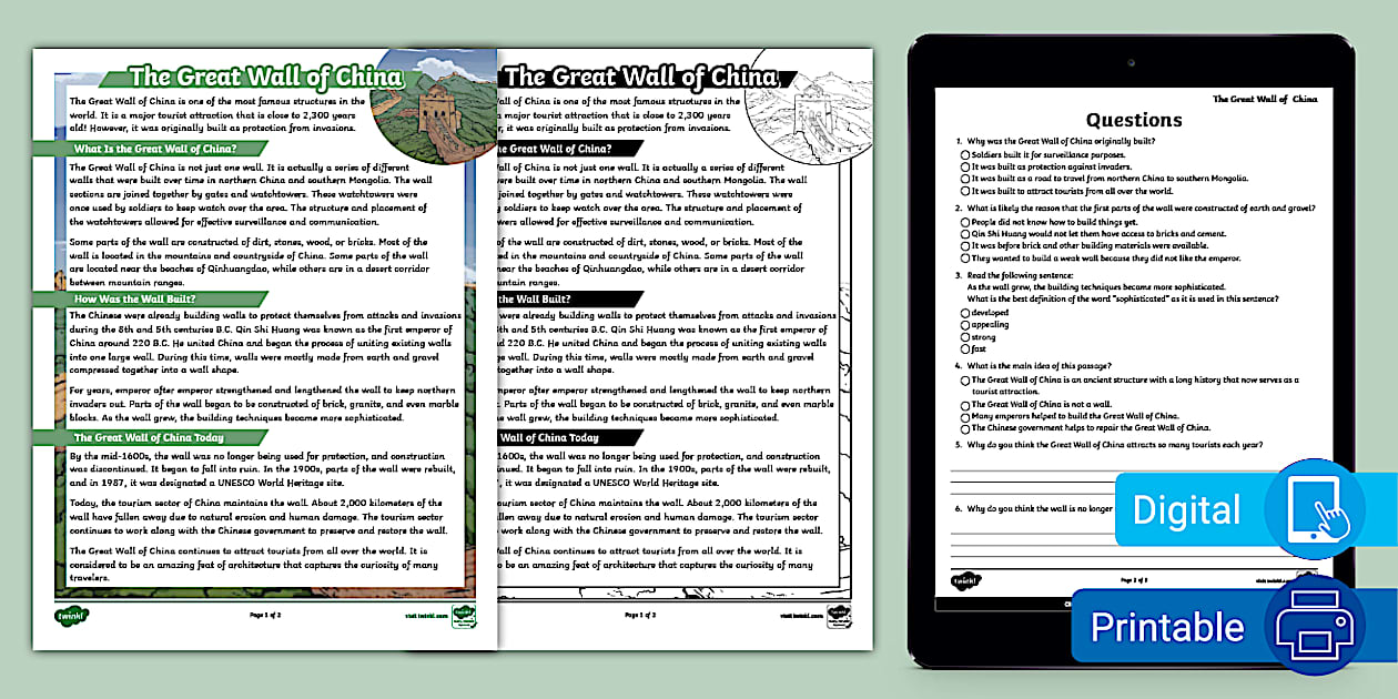 Fifth Grade The Great Wall of China Reading Comprehension Worksheet