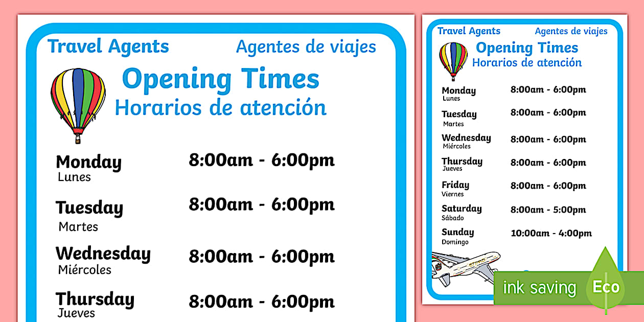Travel Agents Opening Times Role Play Sign US English/Spanish (Latin)