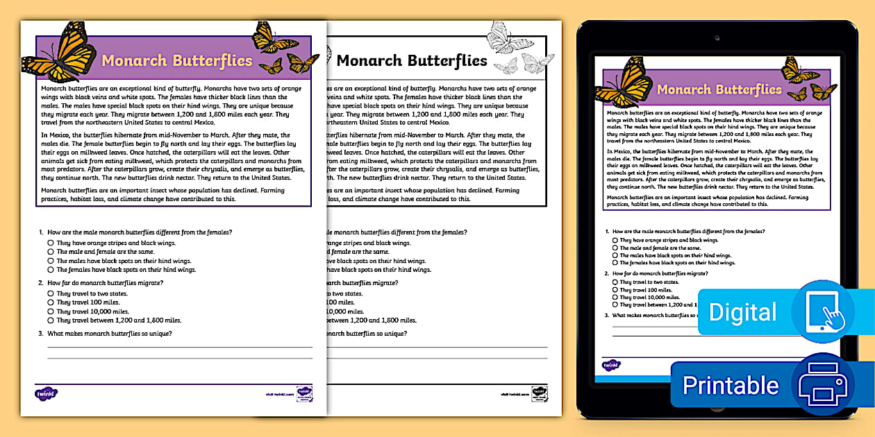 Monarch Butterfly Reading Passage Comprehension Activity