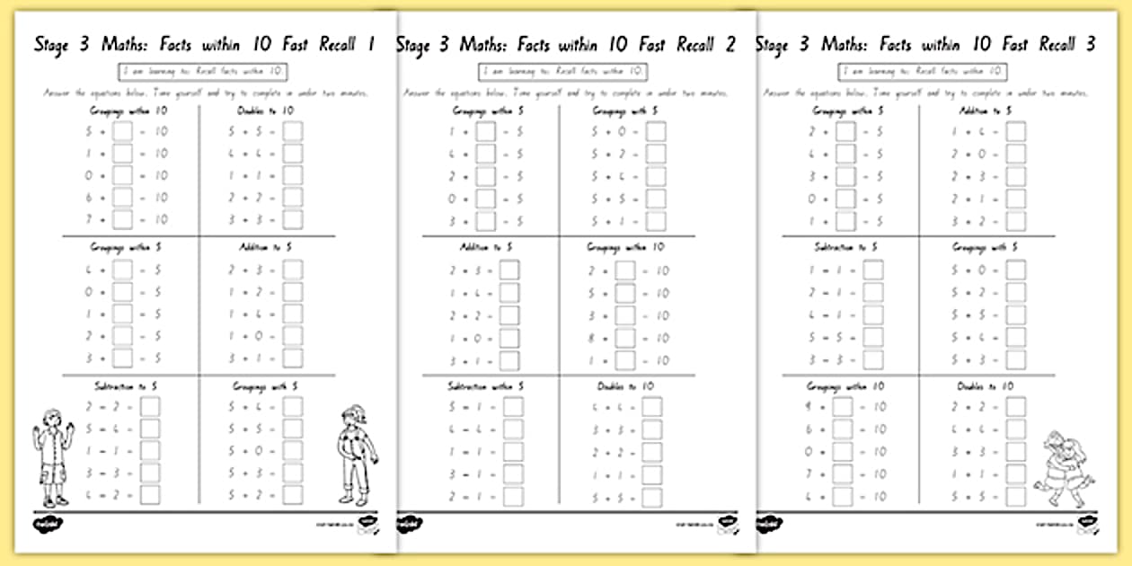 Editable New Zealand Maths Stage 3 Facts within 10 Fast Recall Activity ...