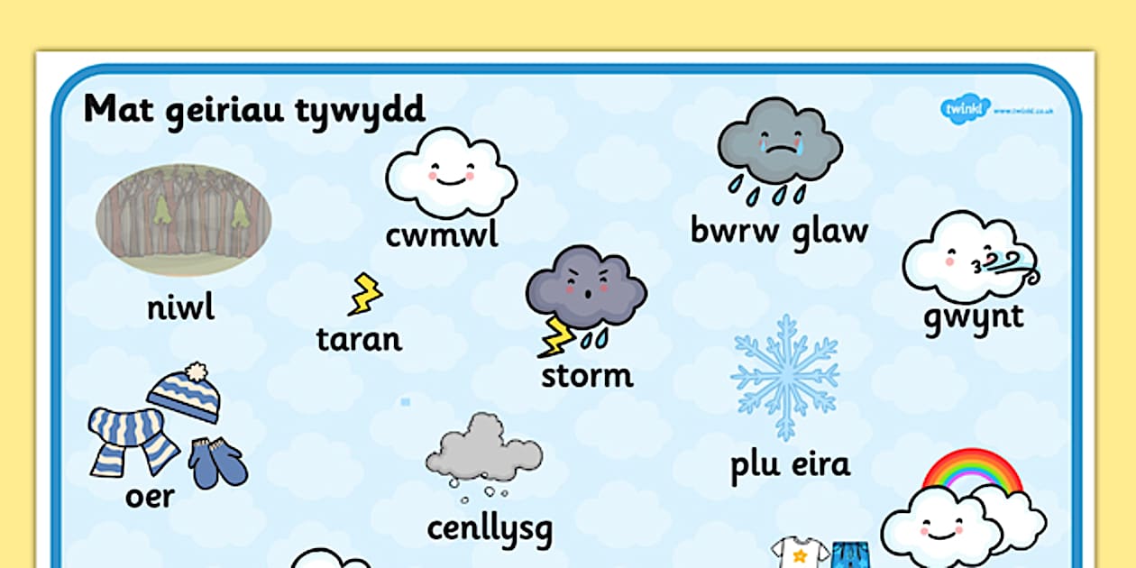 Cursive Weather Words Welsh - Word Mat - Twinkl