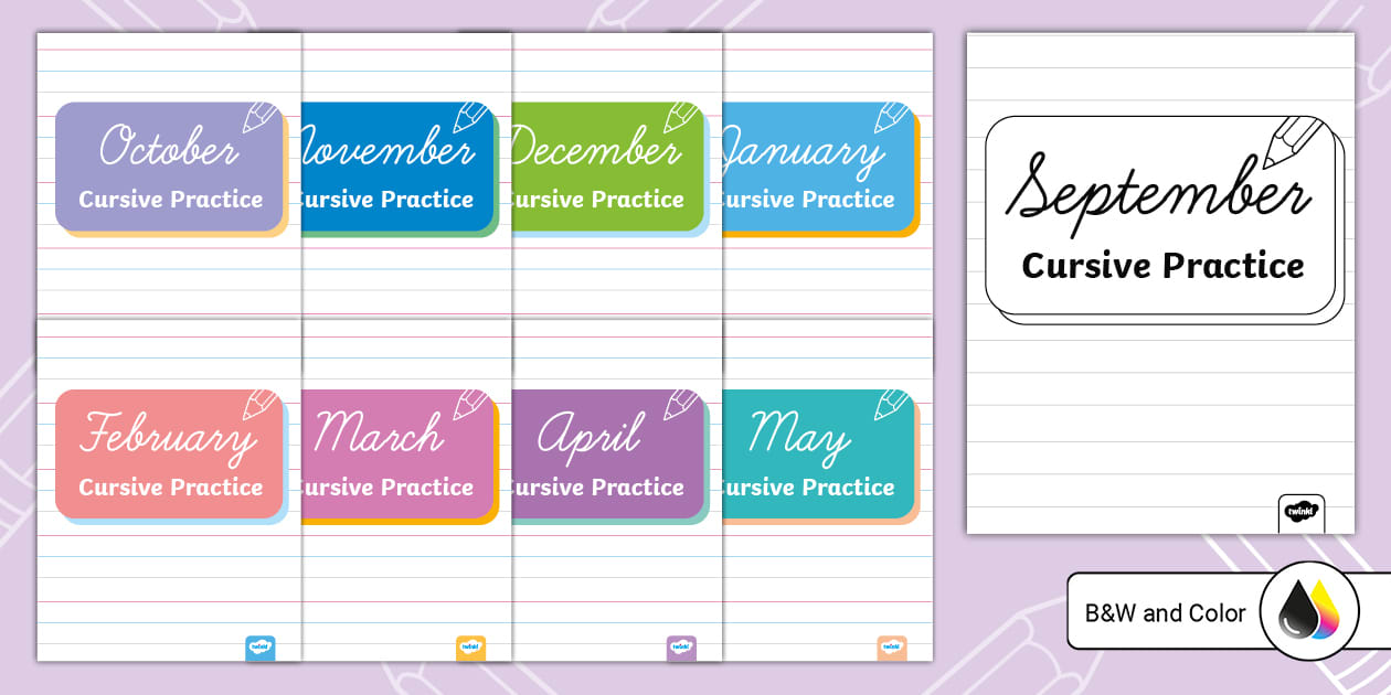 Third Grade Monthly Cursive Practice Bundles Pack - Twinkl