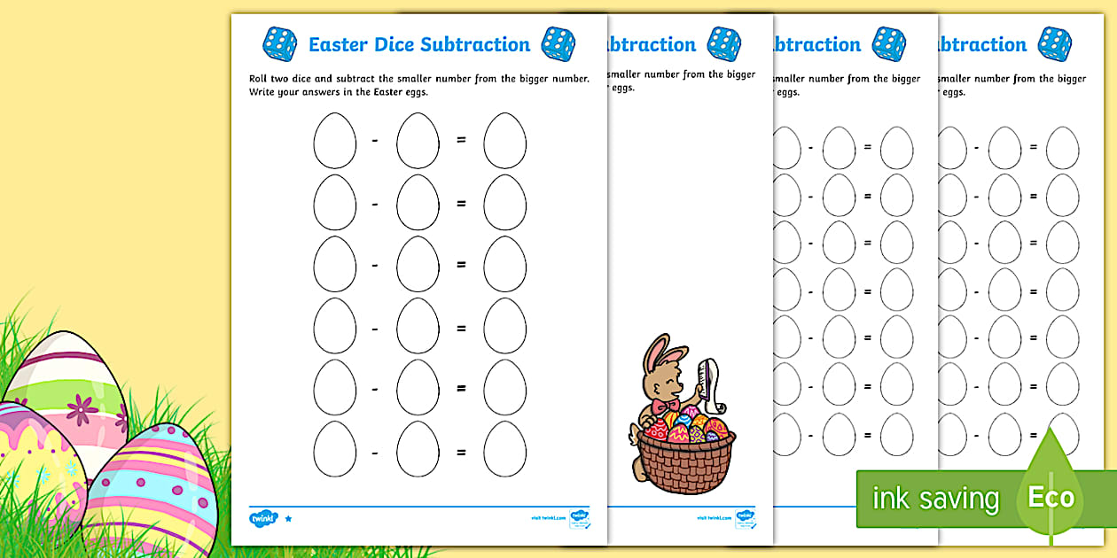 VIC Differentiated Easter Dice Subtraction Worksheet
