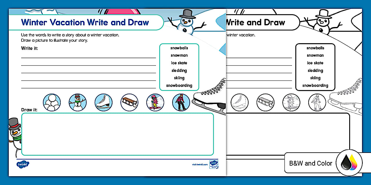 First Grade Winter Vacation Write and Draw Activity Worksheet