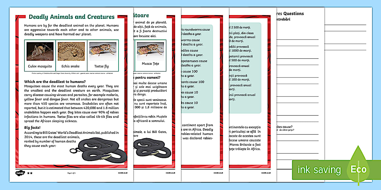 Deadly Animals and Creatures Differentiated Reading Comprehension Activity