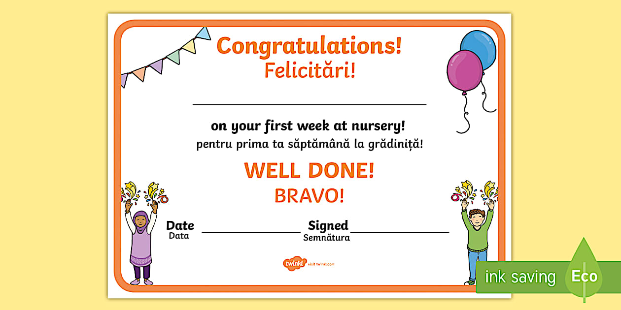 First Week Award Certificates English/Romanian - Twinkl