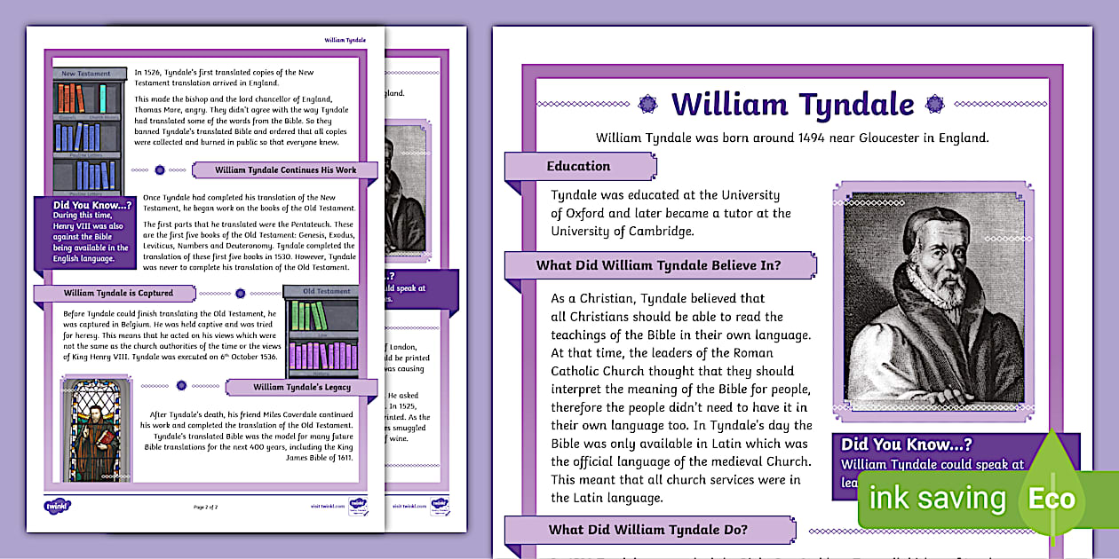 KS2 William Tyndale Fact File (teacher made) - Twinkl