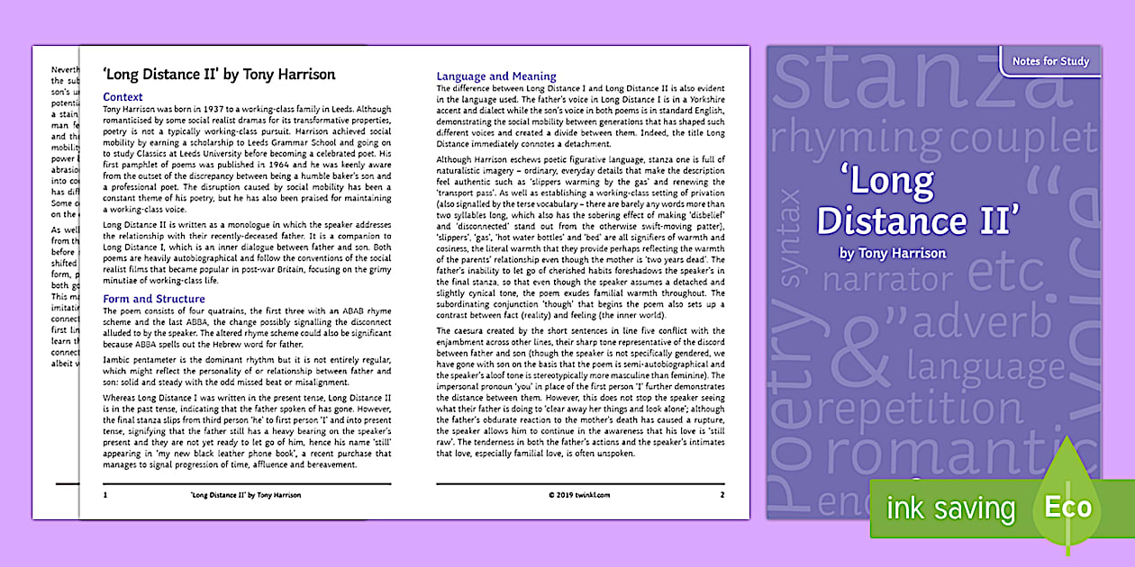 GCSE Poetry Notes for Study - Long Distance II - Twinkl
