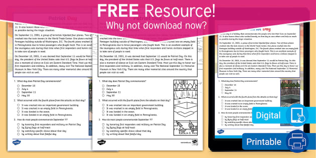 FREE Fifth Grade Patriot Day Reading Passage Comprehension