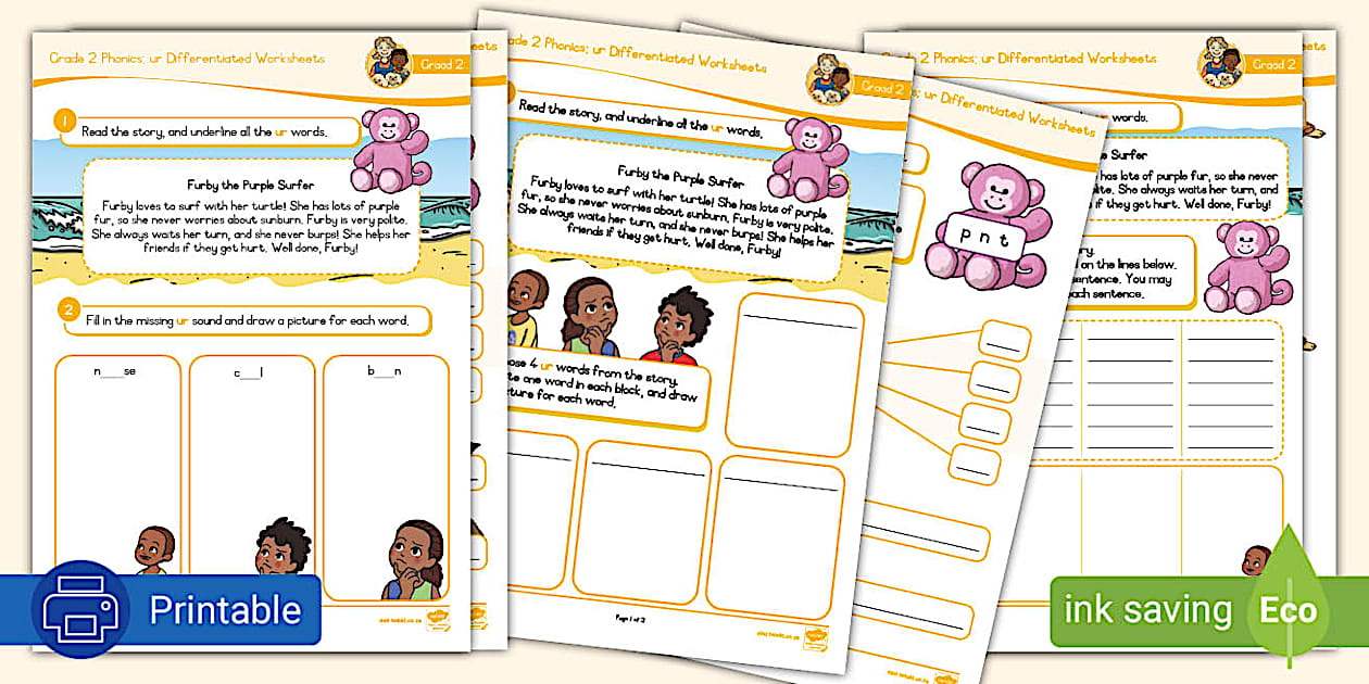 Grade 2 Phonics: ur- Differentiated Worksheets - Twinkl