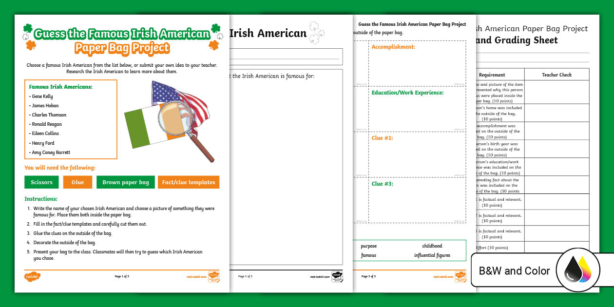 Irish American Heritage Month Paper Bag Project with Self Check and Grading