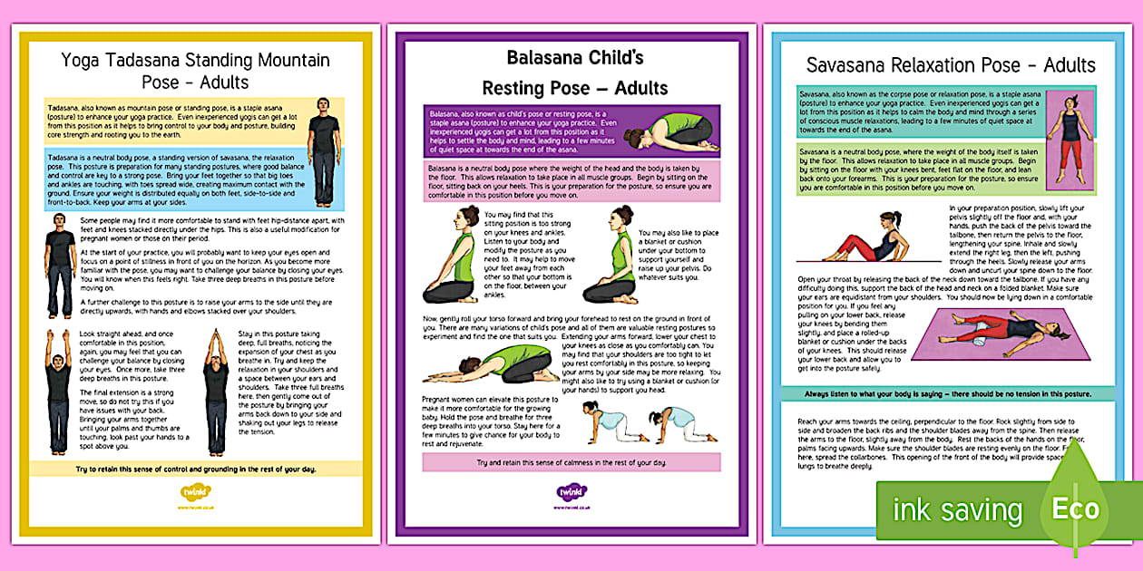 Adult Yoga Pack - Illustrated Yoga Pose Guides - Twinkl