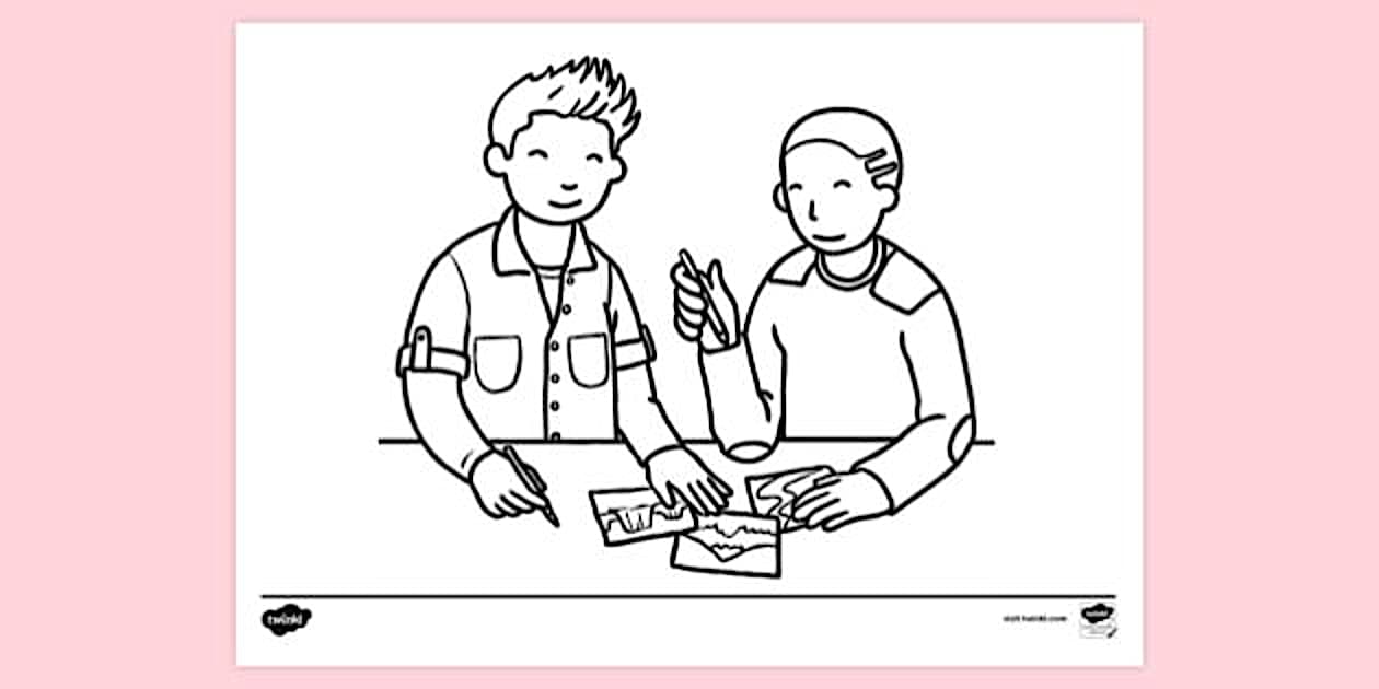Children Looking At Photos - Colouring Sheet - Twinkl