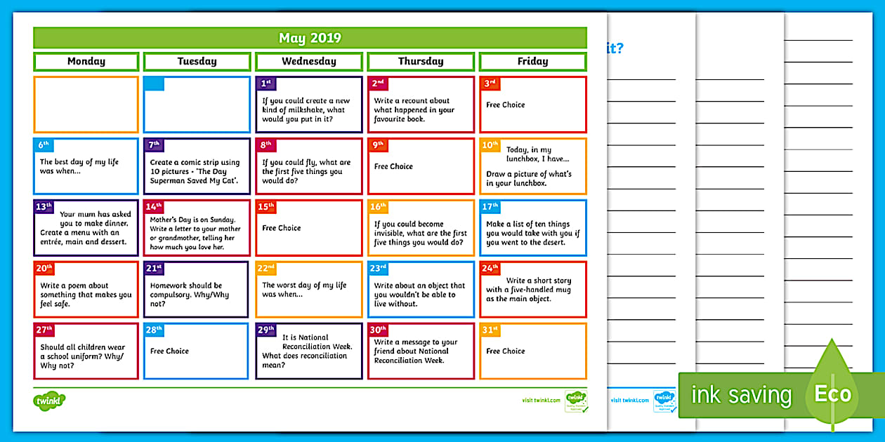 SA May Writing Prompts Display Calendar - Twinkl