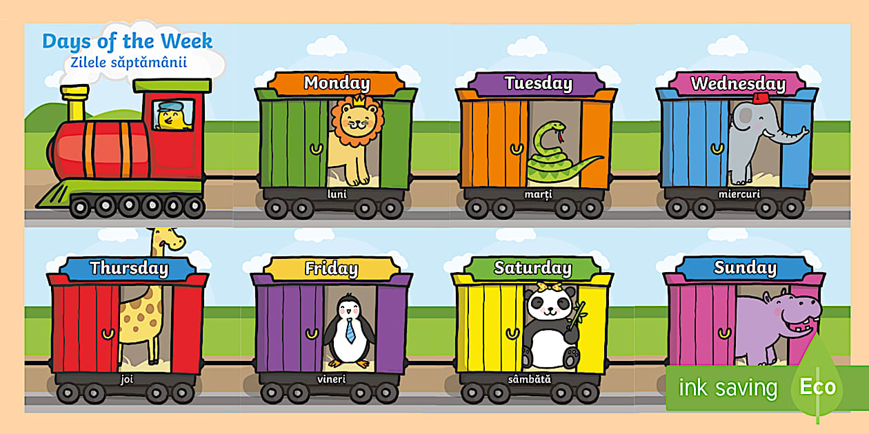 Days of the Week on Train Display Posters - Romanian/English