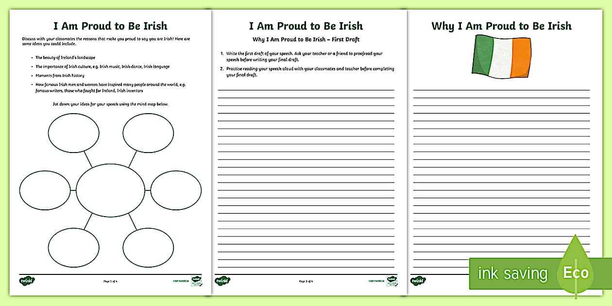 I Am Proud To Be Irish Speech Writing Worksheet - Twinkl
