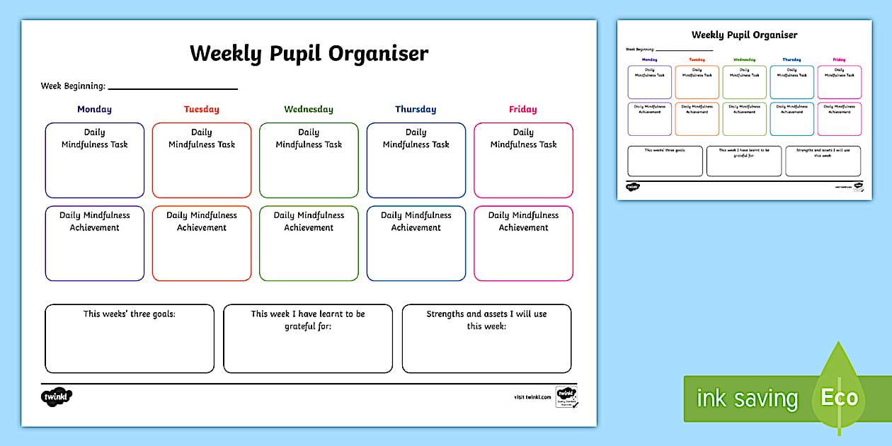 KS2 Weekly Pupil Mindfulness Organiser Worksheet / Worksheet