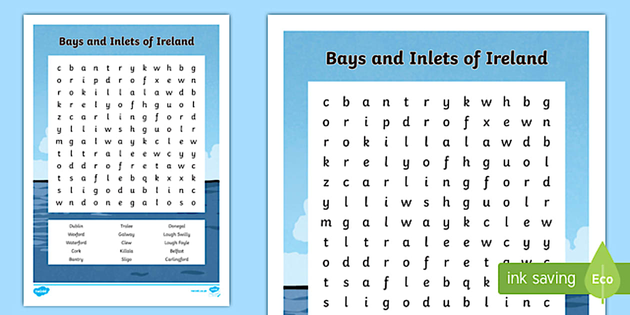Bays and Inlets of Ireland Word Search-Irish (teacher made)