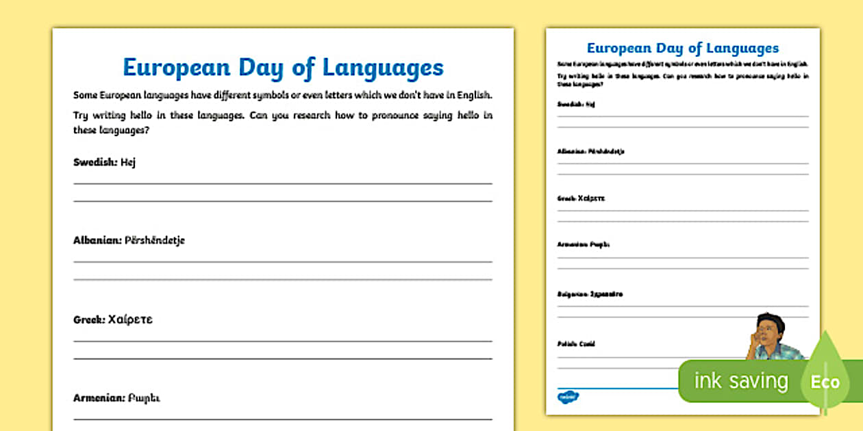 European Day of Languages Worksheet — Writing Hello Activity