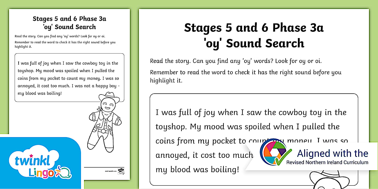 NI Linguistic Phonics Phase 3a 'oy' Sound Search Worksheet