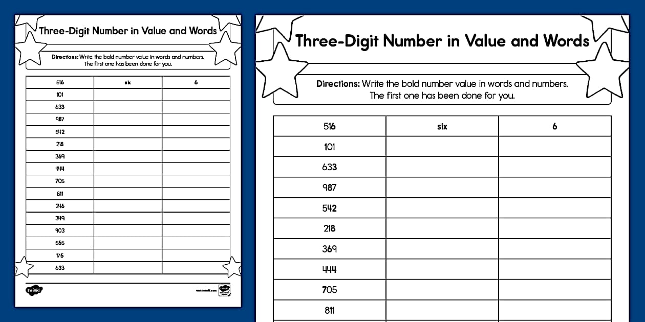 Second Grade Writing Three-Digit Numbers in Value and Words Worksheet